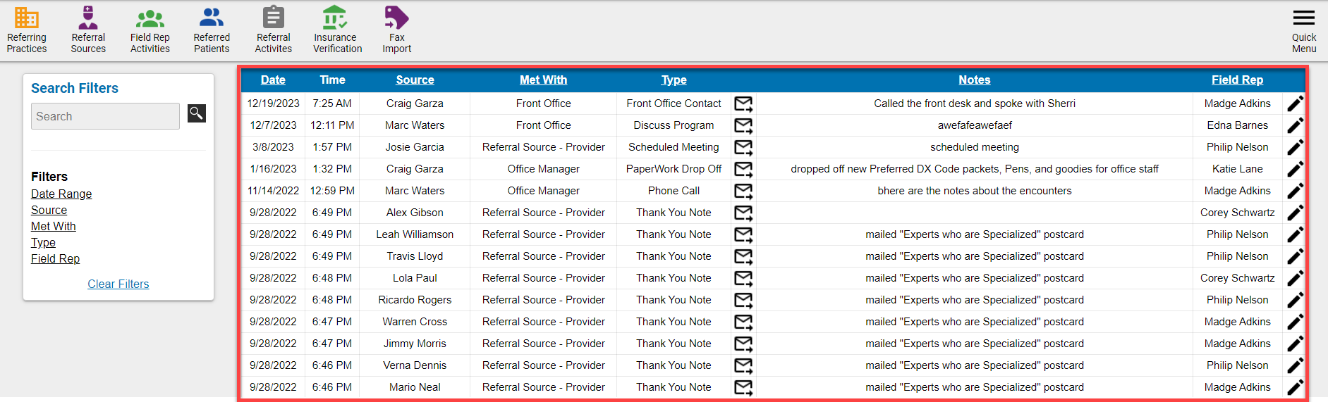 View all Field Rep Activities – Practice Pro Knowledge Base