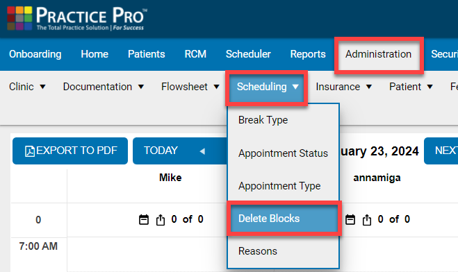Delete Scheduler Blocks – Practice Pro Knowledge Base